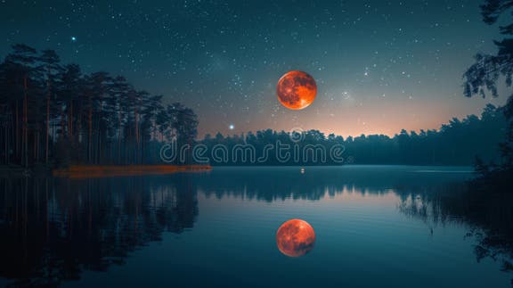 Lunar Eclipse Over a Quiet Lake Stock Photo - Image of horizon ...