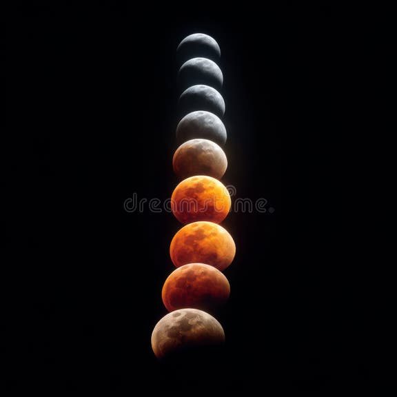Lunar Eclipse Sequence: Orange and Gray Moon Phases Against Dark Night ...