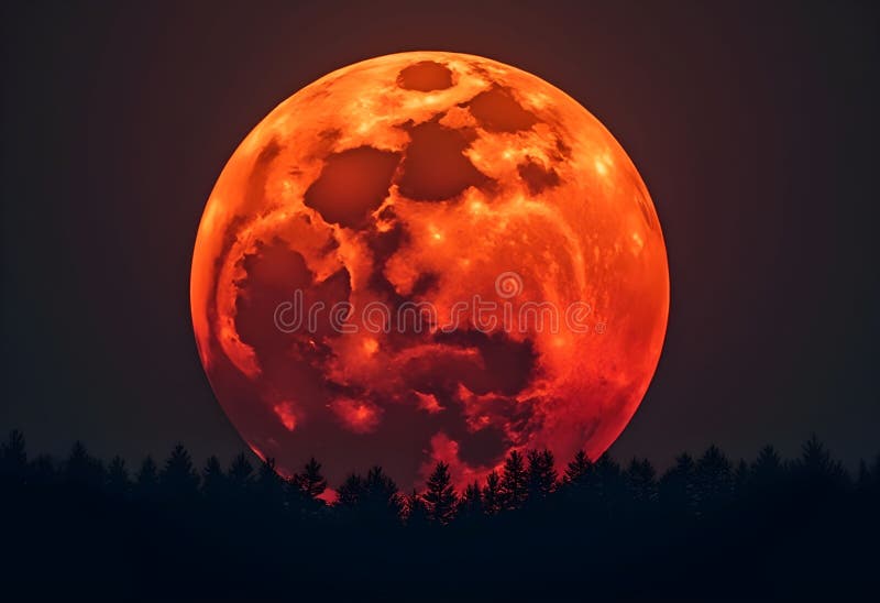 Lunar Eclipse with Glowing Red Moon Above Trees Stock Illustration ...