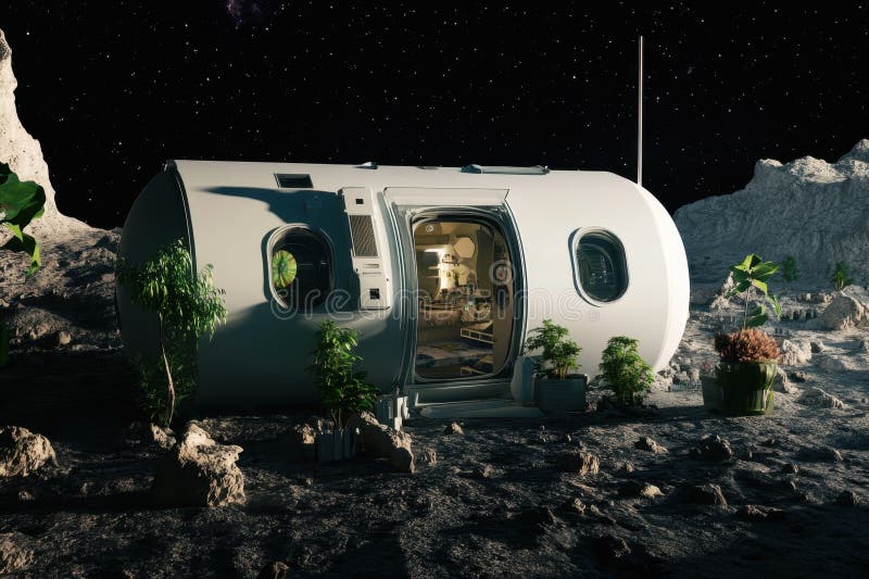 Unique Lunar Habitat with Plants and Cozy Interior on the Moon Surface ...