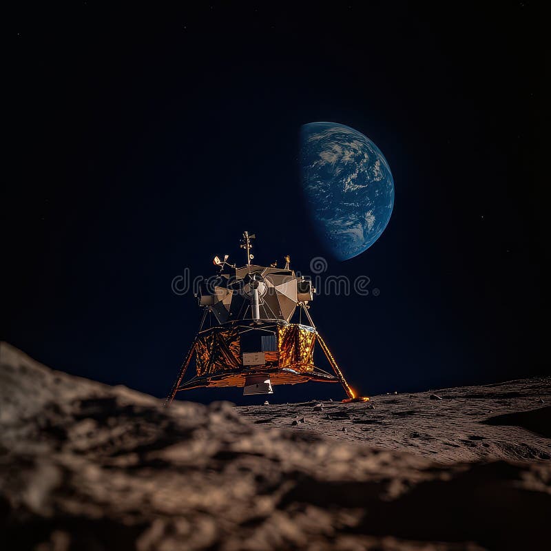 Lunar Lander on Moon Surface with Earth in the Background Stock Photo ...