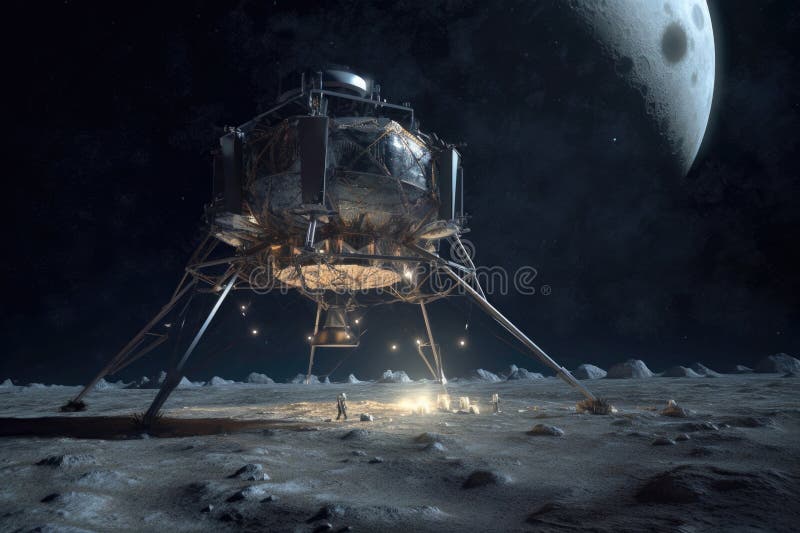 Lunar Lander Touching Down on Moons Surface Stock Illustration ...