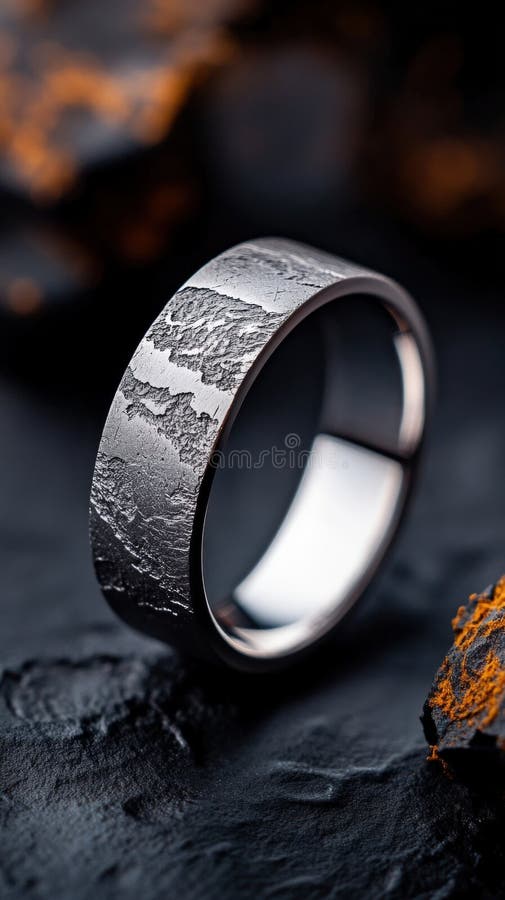 Lunar Landscape Engraved Titanium Ring with Textured Background and ...