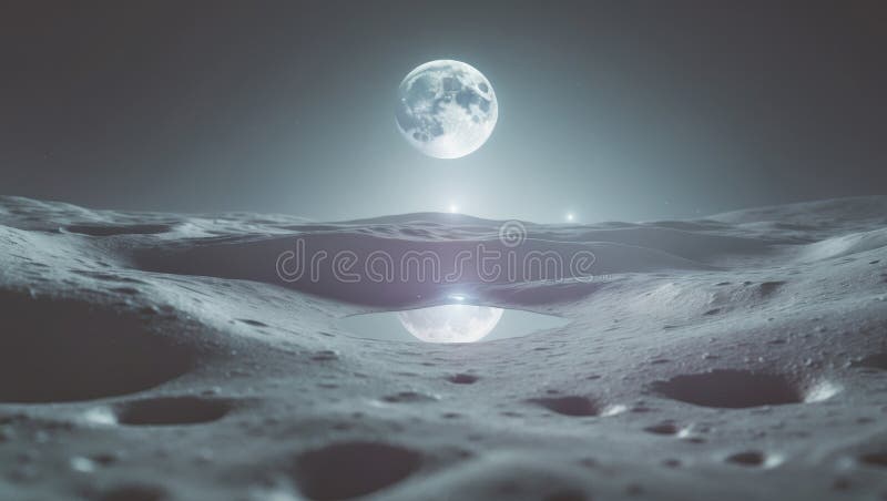Lunar Landscape with Full Moon and Reflection, Cratered Surface and Celestial Sphere. Stock ...