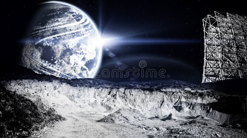 Lunar landscape with radar stock illustration. Illustration of universe ...