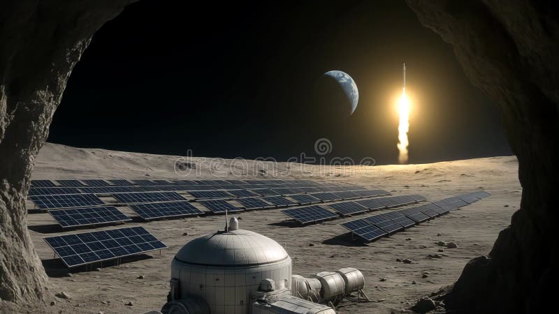 Lunar Landscape with Solar Panels and Rocket Launch Under Earthlit Sky ...