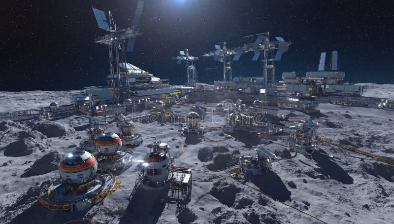 Lunar Mining Colony Expanding Operations Under Starry Sky Stock Photo ...