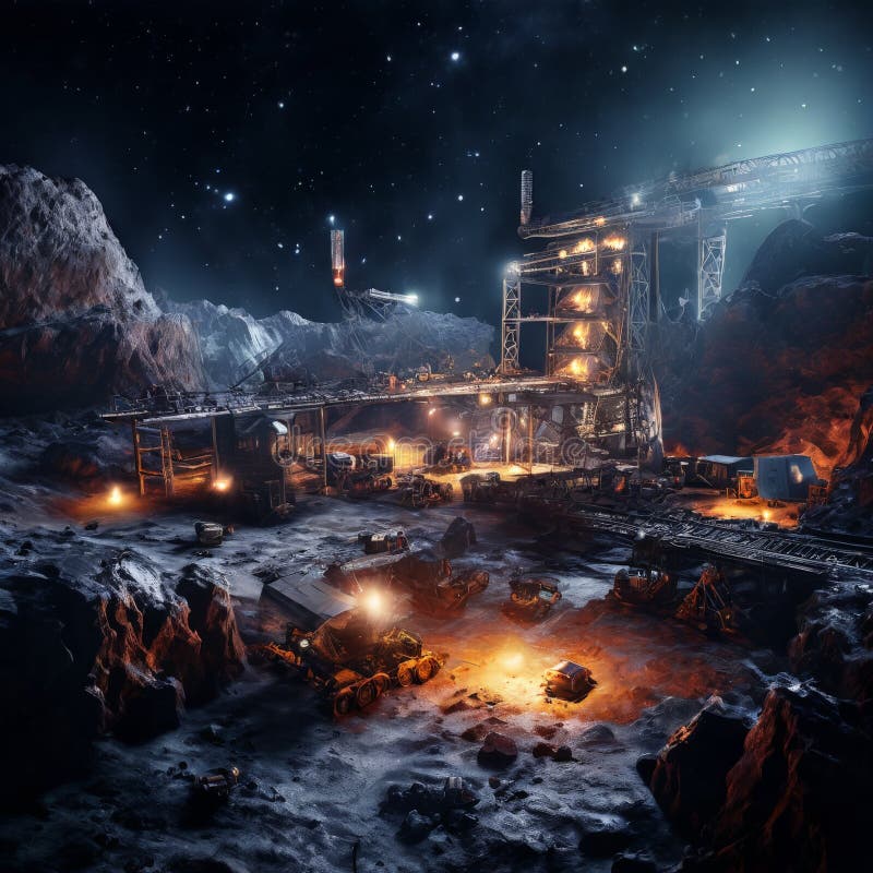 Lunar Mining Facility Illuminated Under a Starry Night Sky Stock Image ...