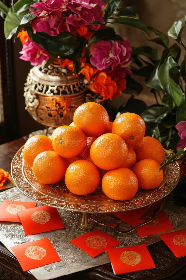 Lunar New Year Fruit Display with Mandarin Oranges and Red Envelopes ...