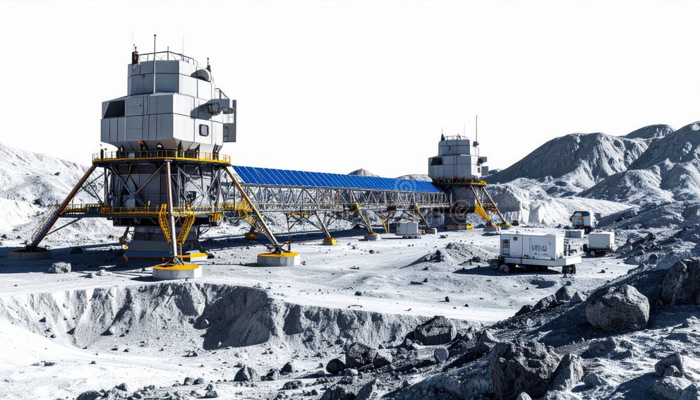 Lunar Outpost Base Concept with White Modules and Solar Array on Rocky ...