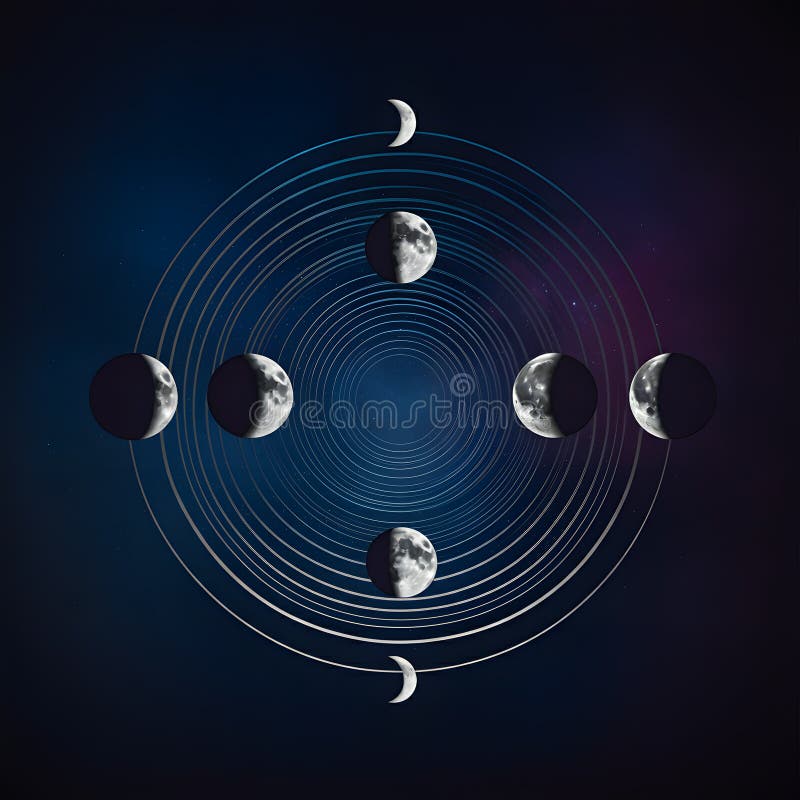 Lunar Phases Arranged in a Circular Cosmic Pattern on a Dark Starry ...