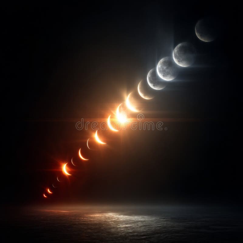 Lunar Phases and Solar Eclipse Over Dark Ocean Stock Illustration ...