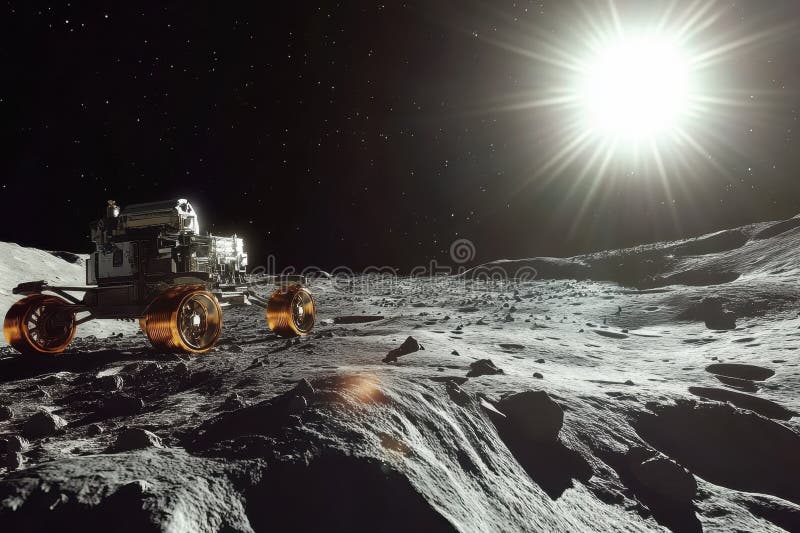 Lunar Rover Explores the Moon S Surface Under a Bright Sun in a Serene ...