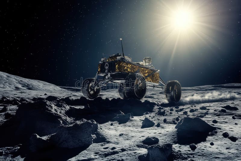 Lunar Rover Explores the Moon S Surface Under a Radiant Sun and Starry ...