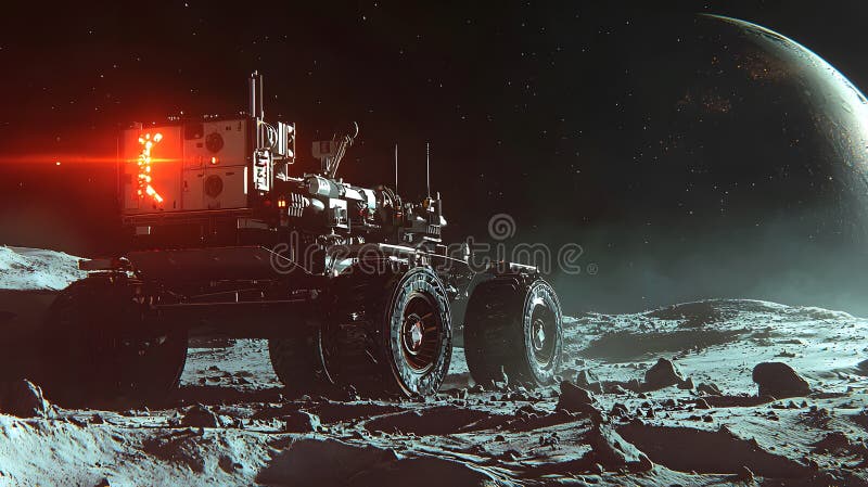 Lunar Rover Exploring a Moon Landscape Under a Distant Planet Stock ...