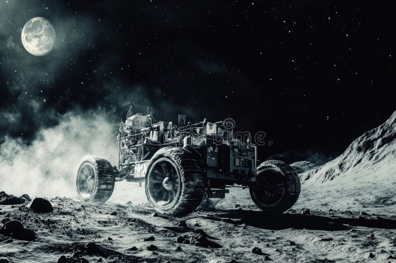 Lunar Rover Exploring Moon Surface Under Bright Sunlight Stock Photo ...