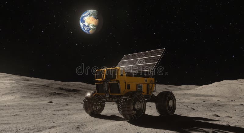 A Lunar Rover is Situated on the Moon with a View of the Earth and a ...