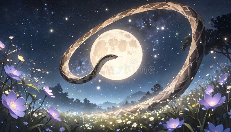 Lunar Snake Under Full Moon Stock Illustration - Illustration of ...