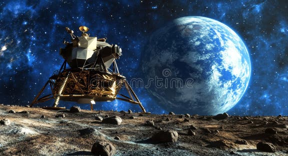 The Lunar Surface is Being Explored by a Rover As the Earth is Seen in ...