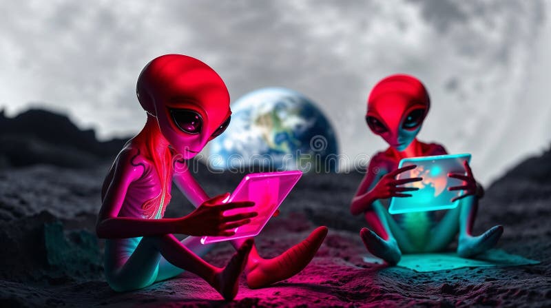 Bioluminescent Aliens Browsing the Internet on the Moon Stock ...