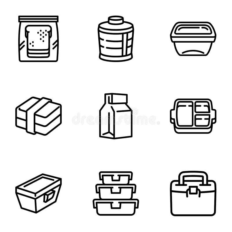 Lunch Bag Icon Set, Outline Style Stock Vector - Illustration of desk ...