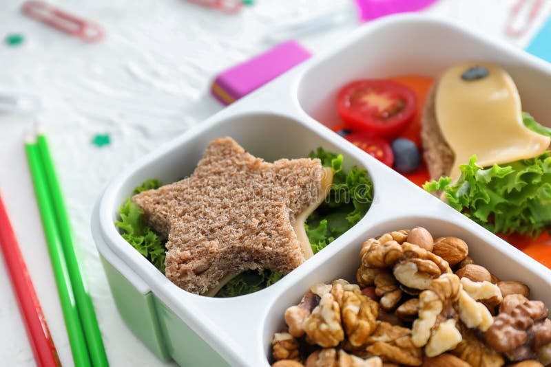 Lunch Box with Appetizing Food on Table Stock Photo - Image of food ...