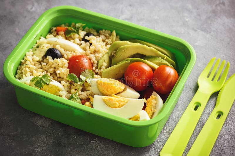 Lunch Box with Bulgur, Avocado, Eggs and Tomatoes. Stock Photo - Image ...