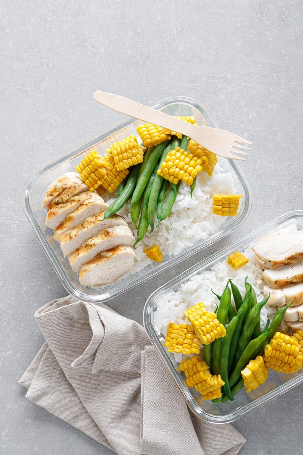Lunch Box Containers with Grilled Chicken, Rice and Green Beans with ...