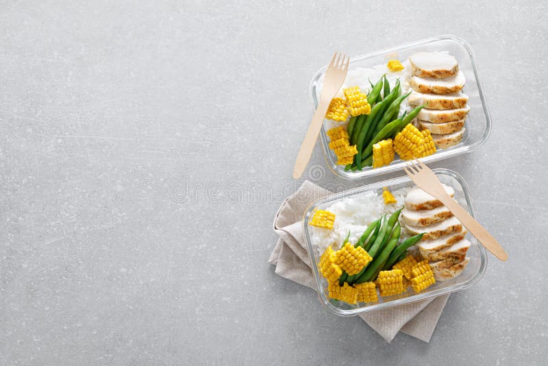 Lunch Box Containers with Grilled Chicken, Rice and Green Beans with ...