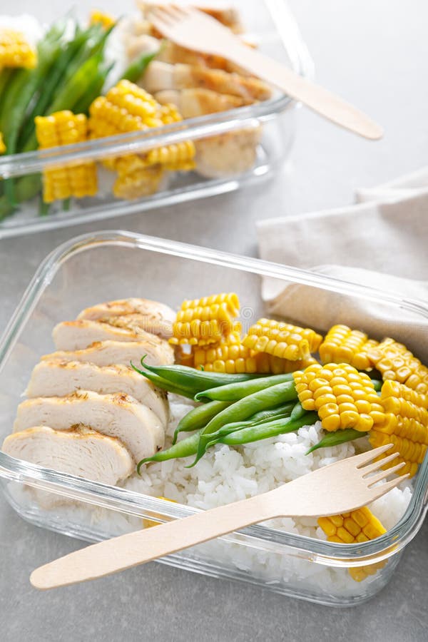 Lunch Box Containers with Grilled Chicken, Rice and Green Beans with ...