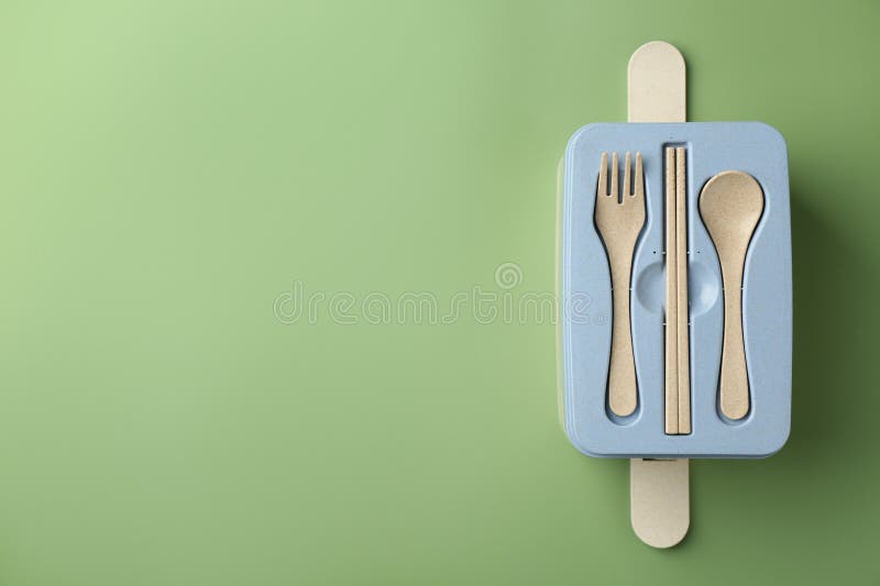 Lunch Box with Cutlery on Green Background, Top View. Space for Text ...