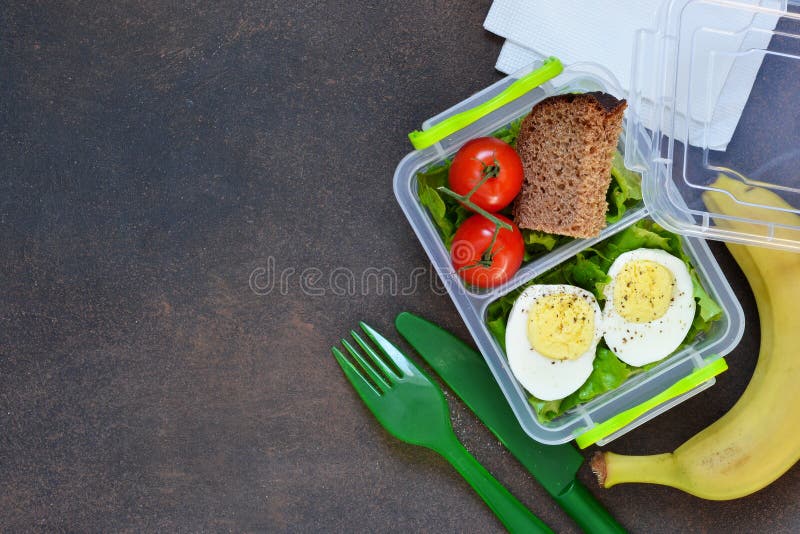 Lunch Box with Egg, Tomato, Salad and Sandwich. Stock Image - Image of ...