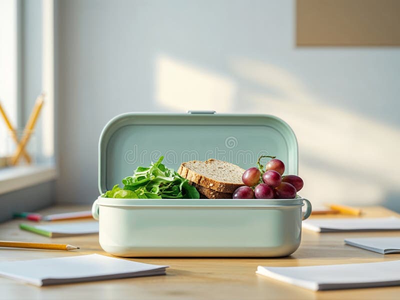 Lunch Box Mockup with Healthy Food in Classroom Setting. Stock Photo ...