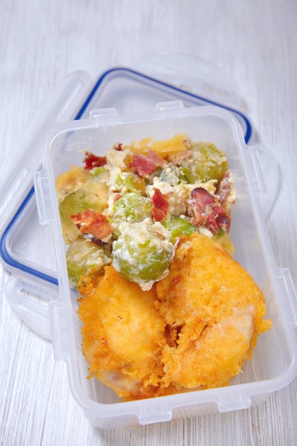 Lunch Box with Russel Sprout Casserole and Fried Stock Image - Image of ...