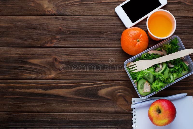 Lunch Box with Salad, Notebook and Phone Stock Image - Image of ...