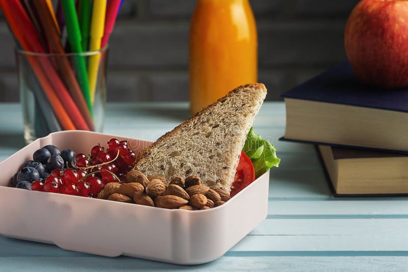 Lunch Box with Sandwich, Berries and Nuts. Healthy Breakfast for the ...