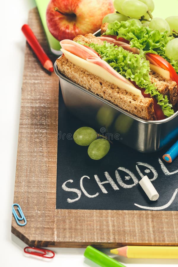 Lunch Box with Sandwich and Fruits on Chalk Board Stock Photo - Image ...