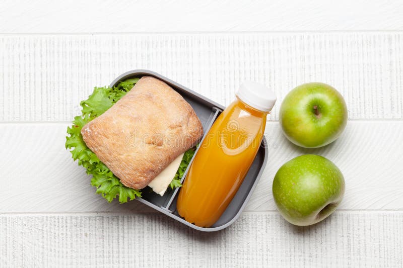 Lunch Box with Sandwich, Vegetables and Juice Stock Photo - Image of ...