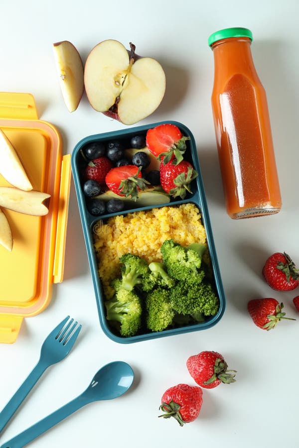 Lunch Box with Tasty Food on White Stock Image - Image of healthy ...