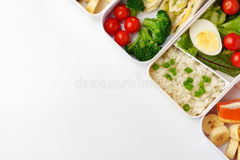 Lunch Boxes with Healthy Food Isolated on White Background Stock Image ...