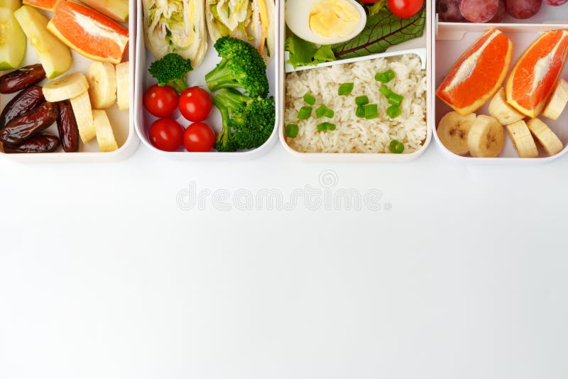 Lunch Boxes with Healthy Food on White Background Stock Image - Image ...
