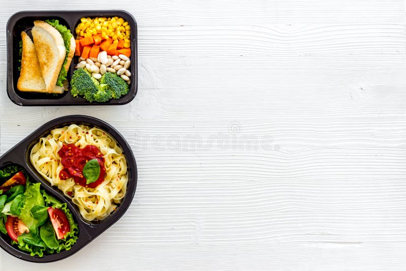 Lunch Boxes with Meal. Food Delivery Concept. Overhead View Stock Photo ...