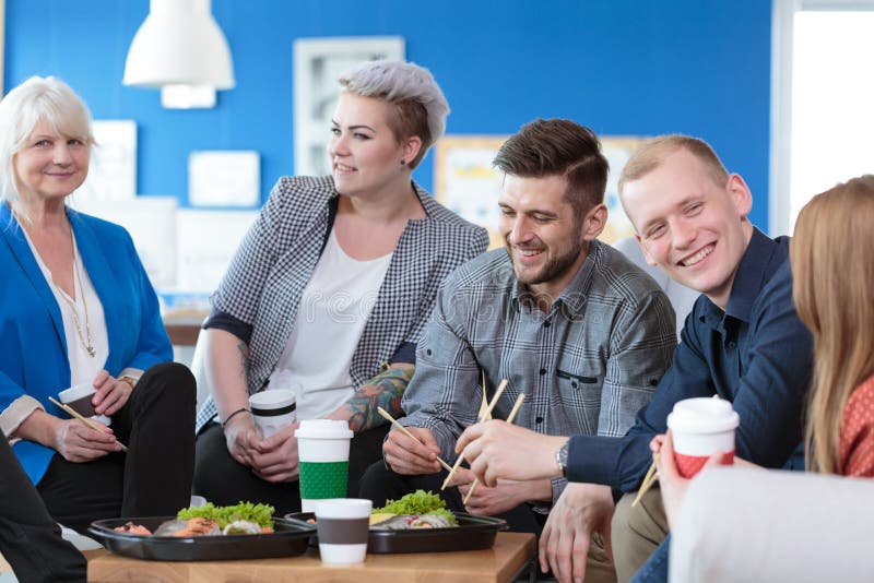 Lunch break in the office stock photo. Image of discussion - 95303596