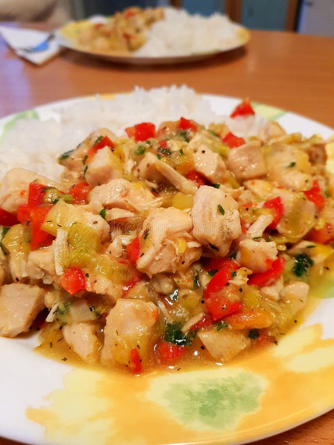 Lunch of chicken and rice stock photo. Image of table - 138288386