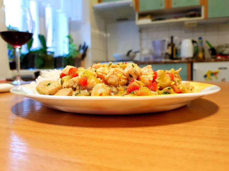 Lunch of chicken and rice stock photo. Image of dish - 138288374