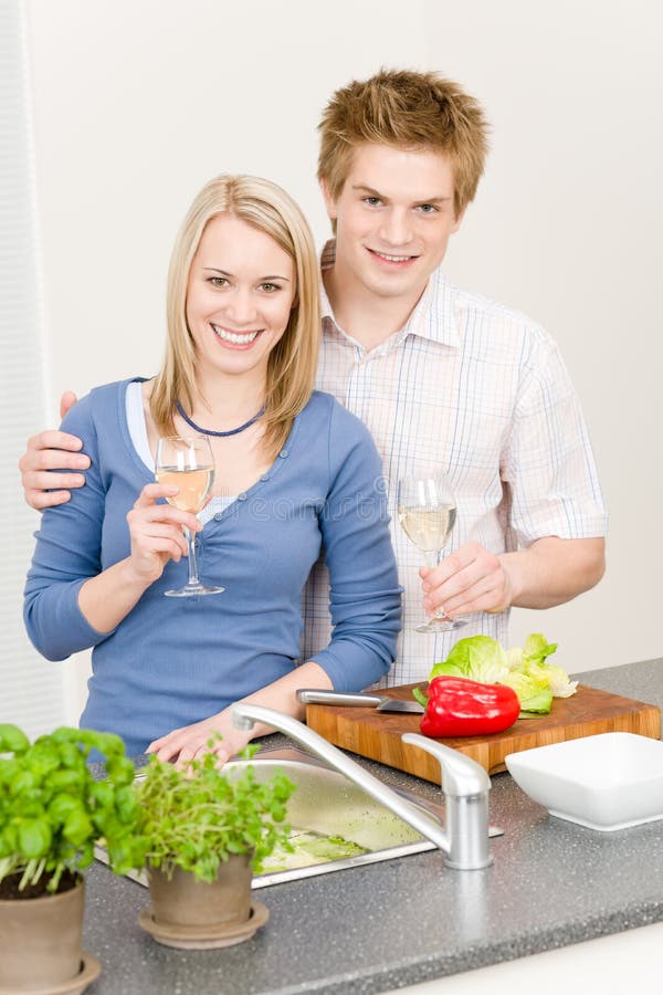 Lunch Happy Couple Cook Salad Enjoy Wine Stock Image - Image of home ...
