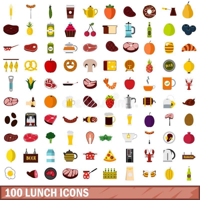 100 Lunch Icons Set, Flat Style Stock Vector - Illustration of mushroom ...