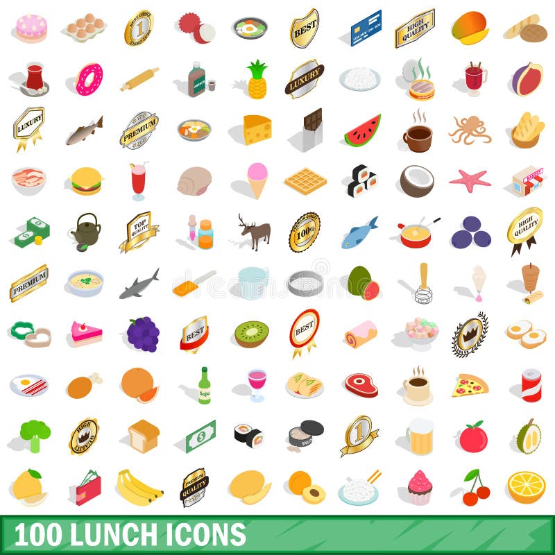 100 Lunch Icons Set, Isometric 3d Style Stock Illustration ...