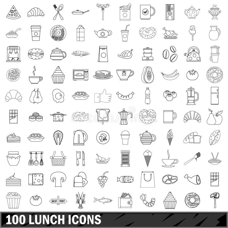 100 Lunch Icons Set, Outline Style Stock Vector - Illustration of milk ...
