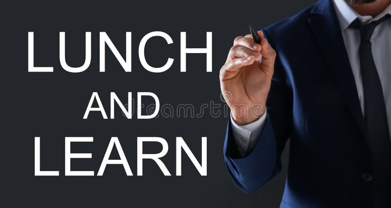 Lunch and Learn Concept. Businessman with Pen on Dark Background Stock ...